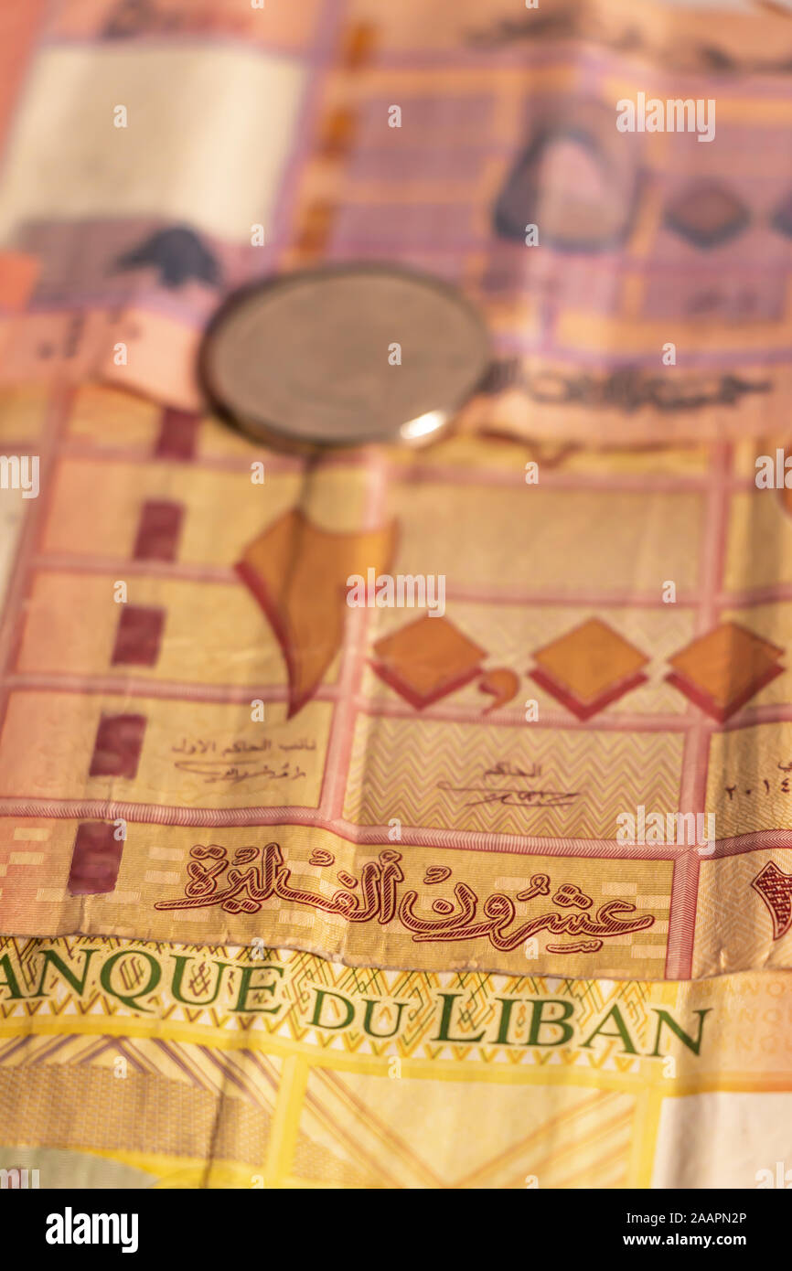 A composition of Lebanese lira LL. Lebanese pound LBP banknotes and ...