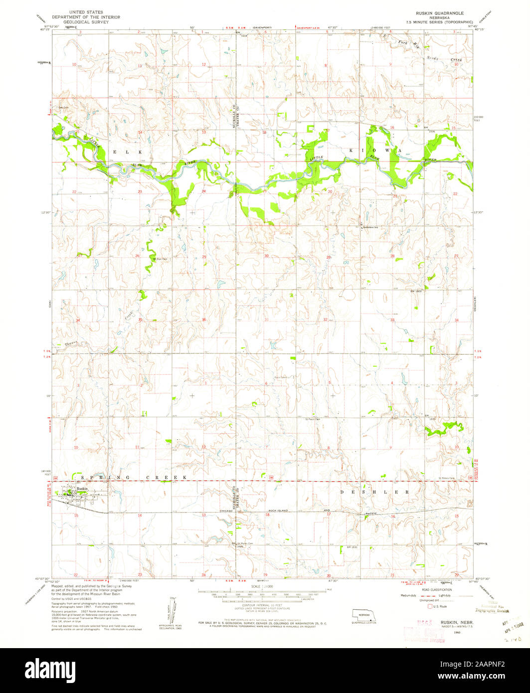 USGS TOPO Map Nebraska NE Ruskin 317125 1960 24000 Restoration Stock ...