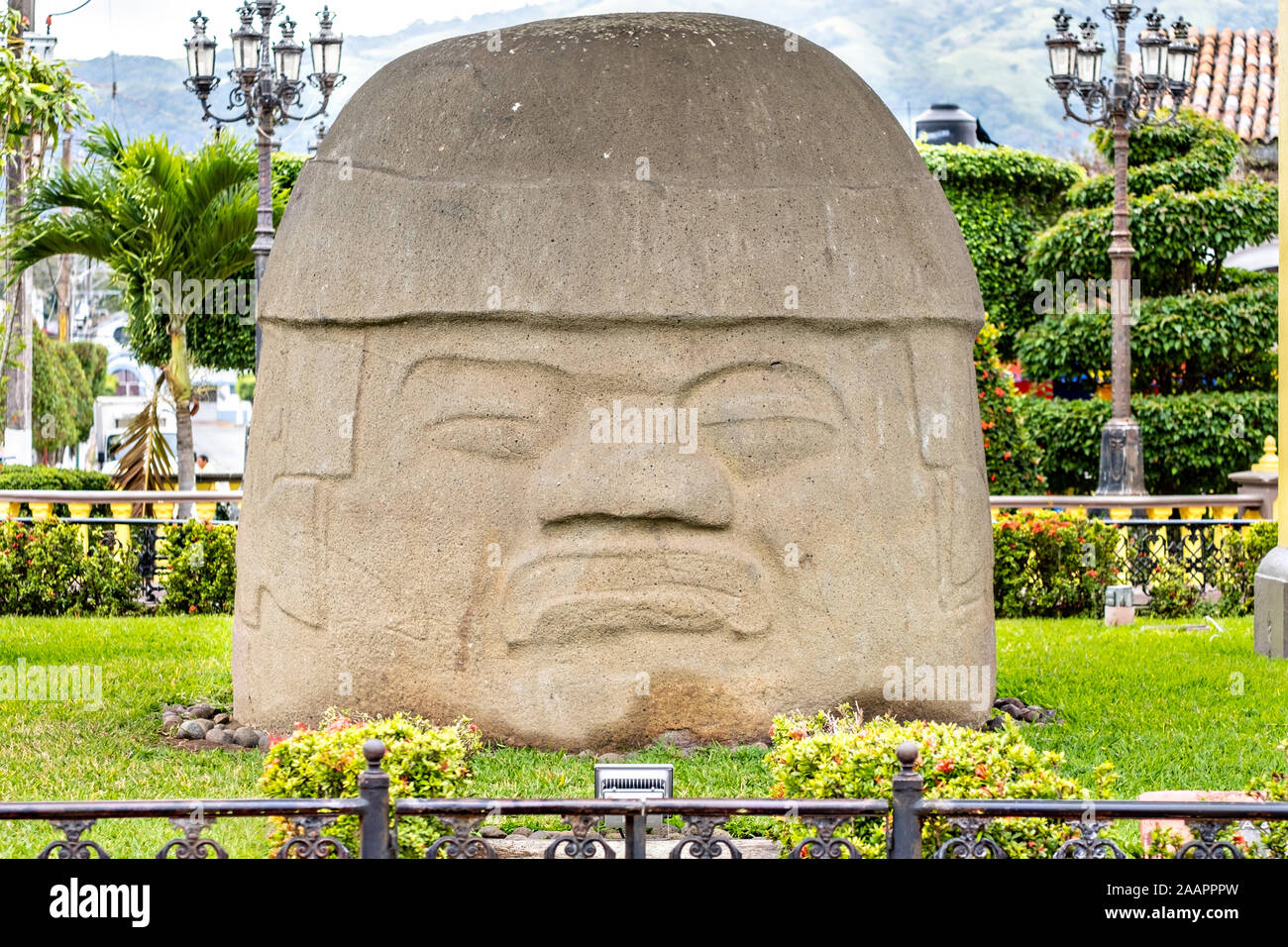 The Cobata Olmec colossal head on display at Parque Olmeca in Santiago ...