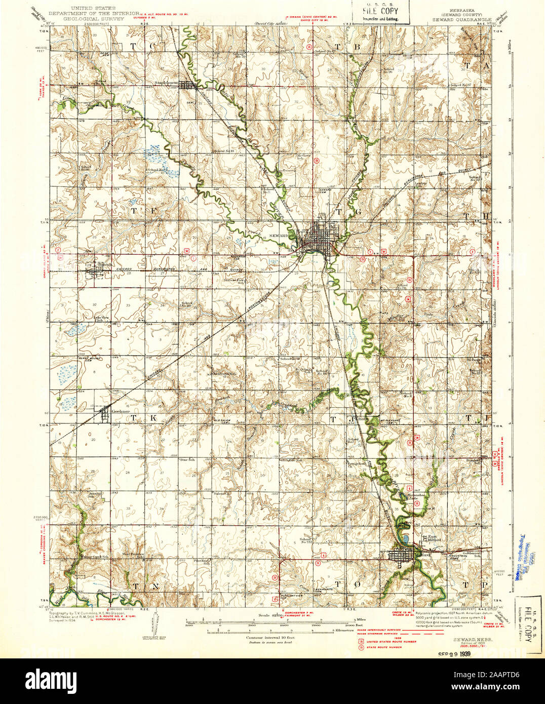 USGS TOPO Map Nebraska NE Seward 317654 1939 62500 Restoration Stock ...