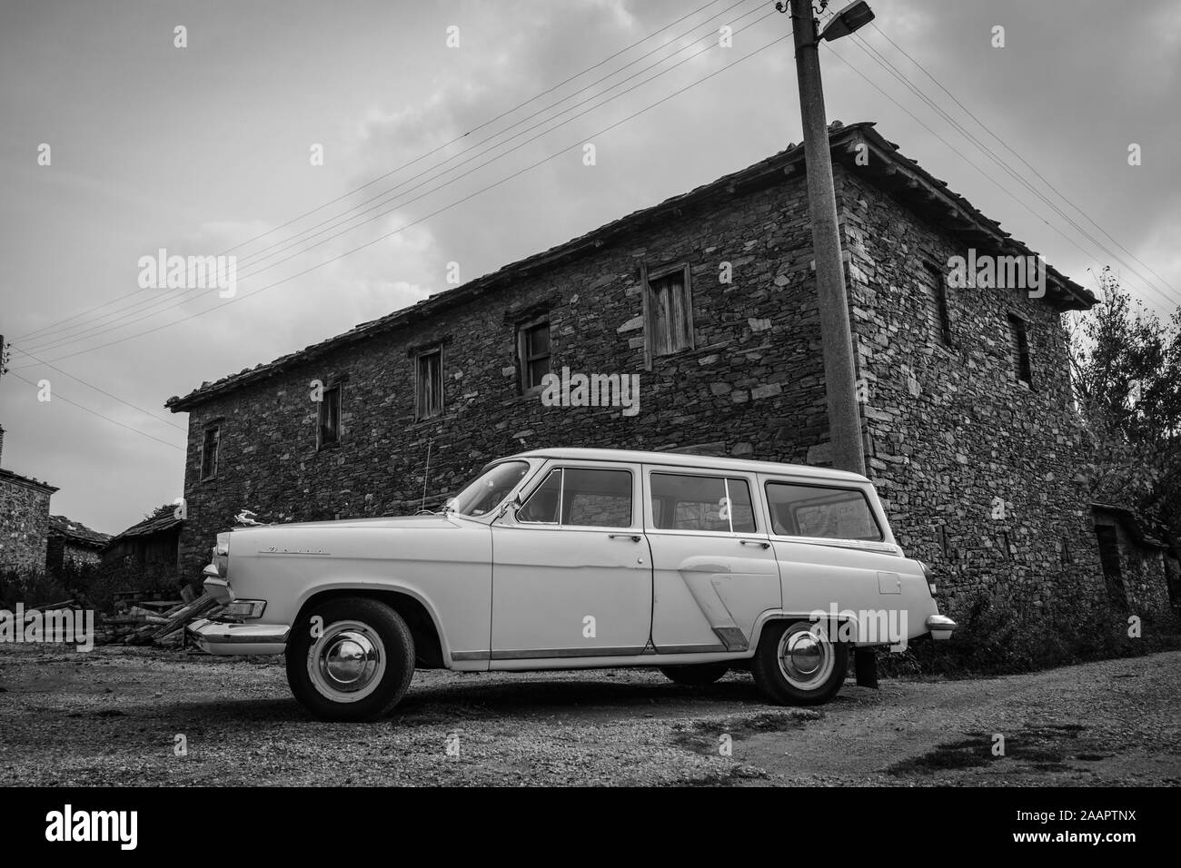Beautiful black and white image of a vintage Volga - model 1963 Stock ...