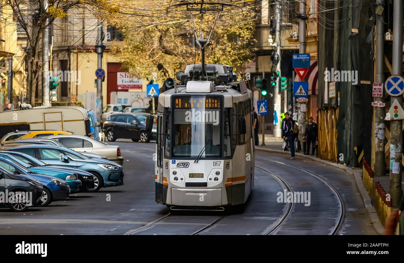 Bucharest, Romania - October 28, 2018: A Romanian tram runs on the line ...