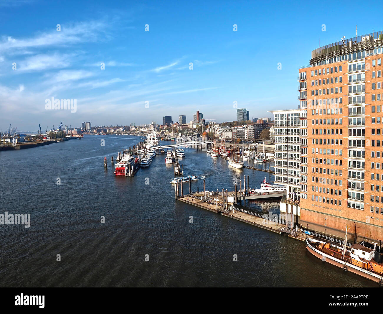 City walk through Hamburg in Germany at Elbe river-here aerial view ...