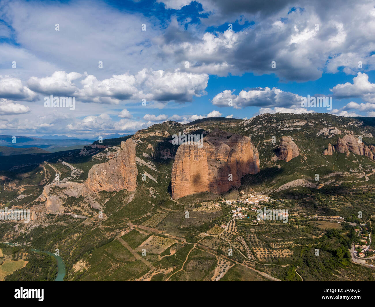 Aerial view of the Mallos de Riglos, a set of conglomerate rock ...