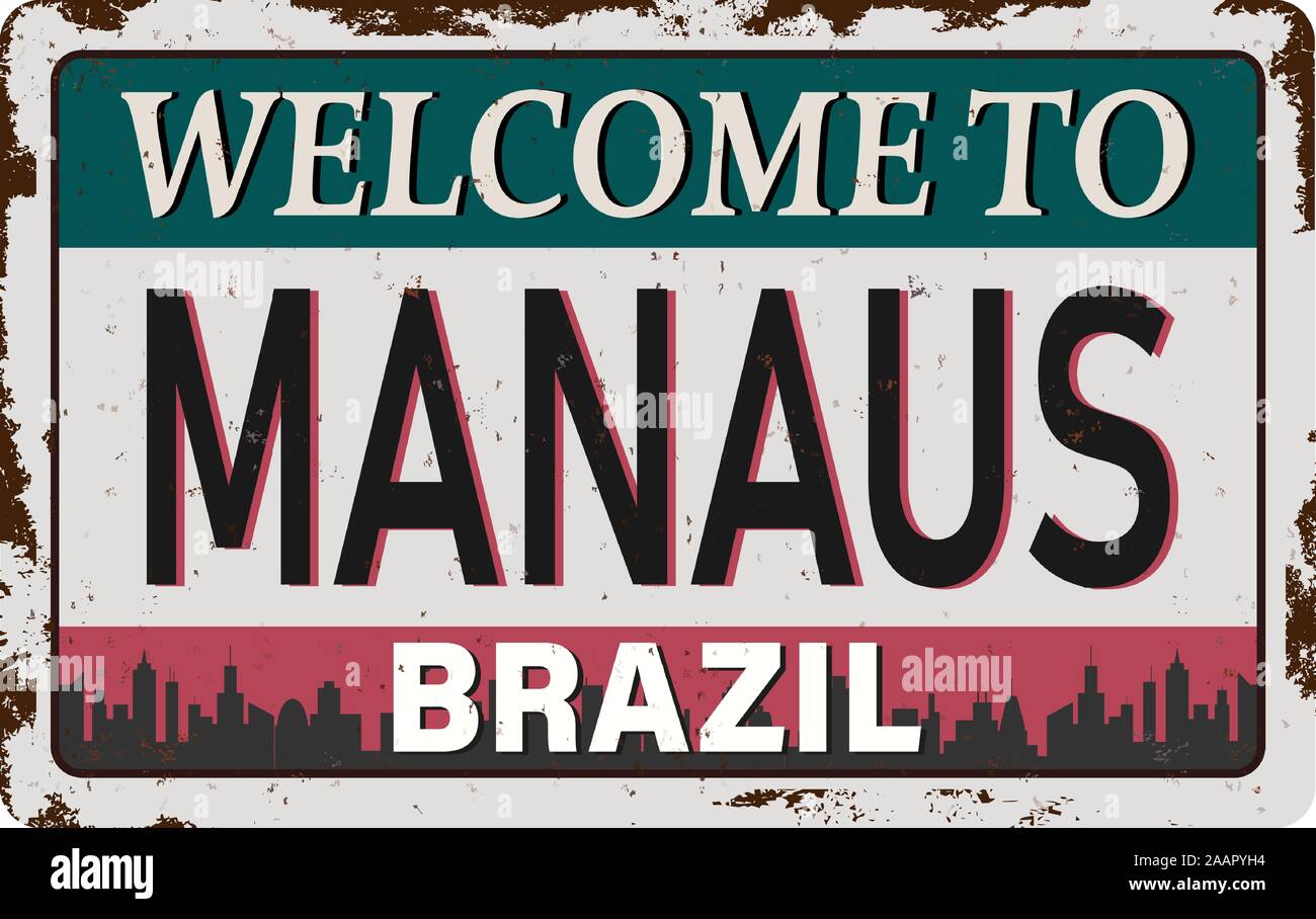 Retro tin sign Manaus Brazil Vintage vector souvenir sign or postcard ...