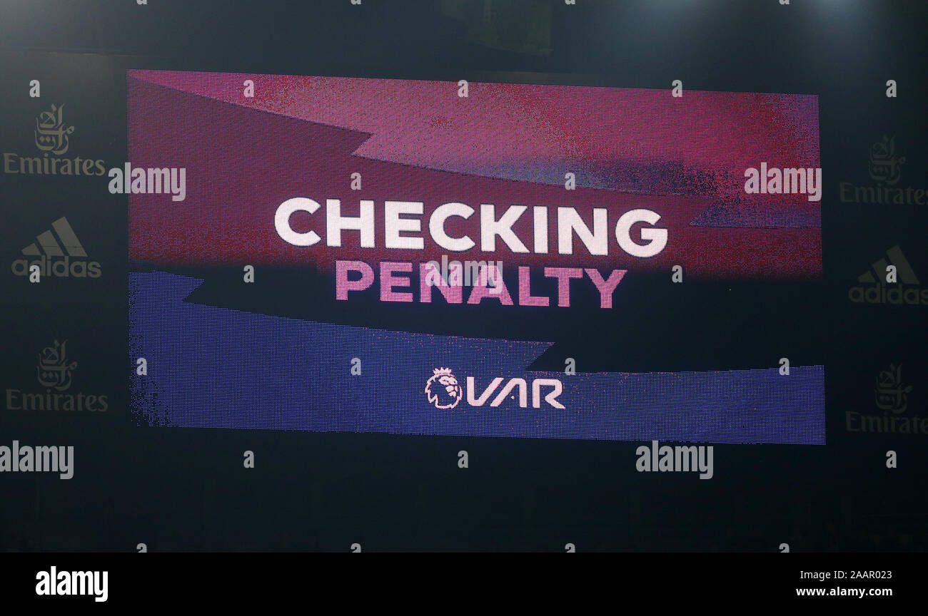 The big screen shows that VAR is checking for a penalty during the ...