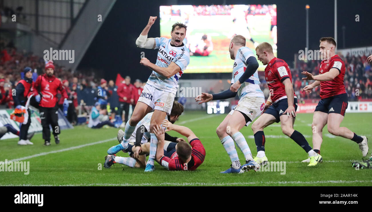 Racing 92's Juan Imhoff celebrates after Munsters Andrew Conway has a ...