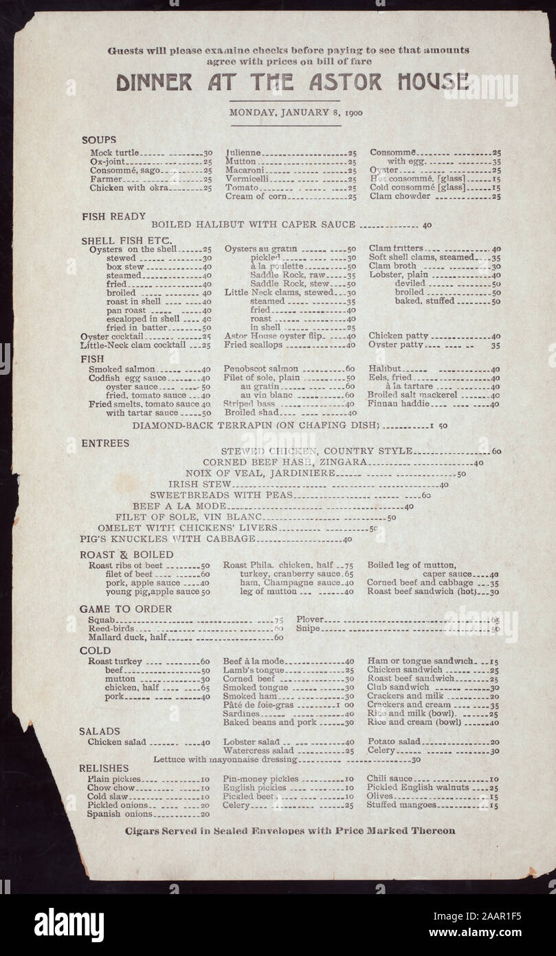 DINNER (held by) ASTOR HOUSE (at) NEW YORK, NY (HOTEL;) PRICED MENU AND ...