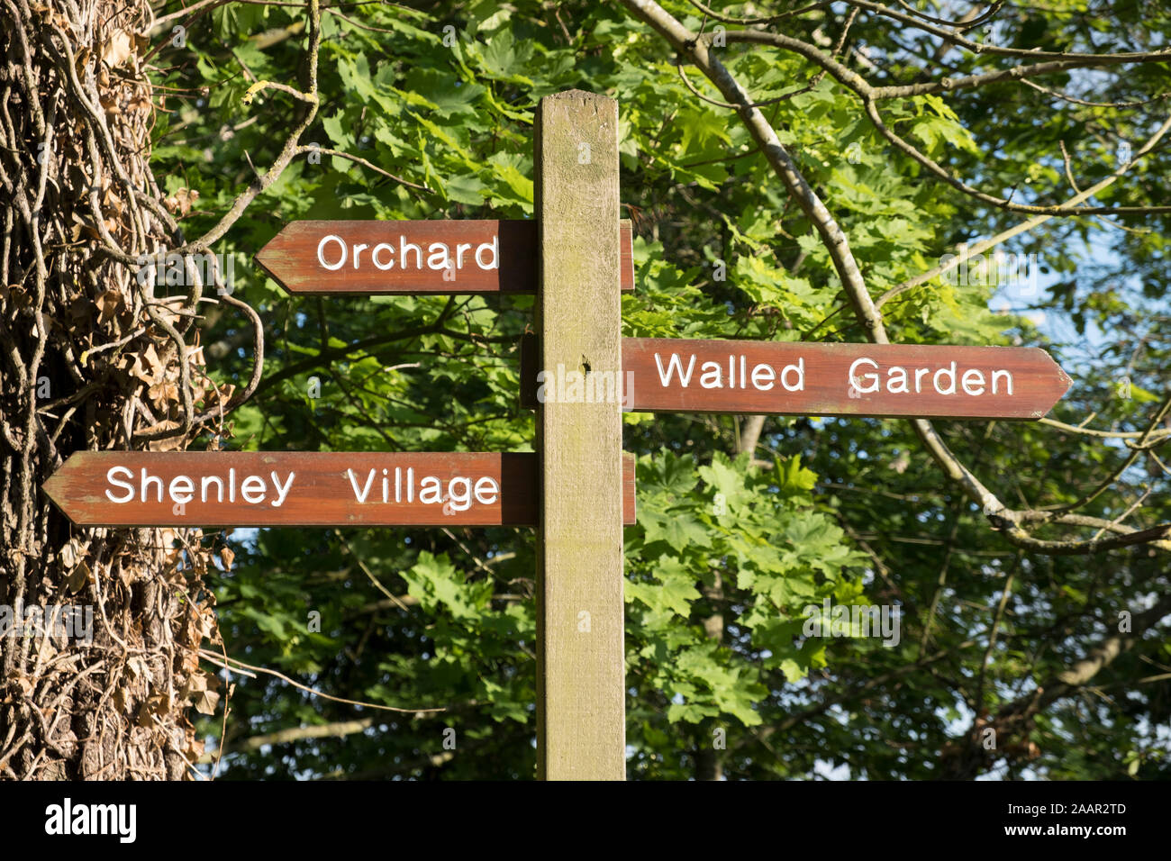 Signpost in Shenley park giving directions towards the Orchard, Walled ...