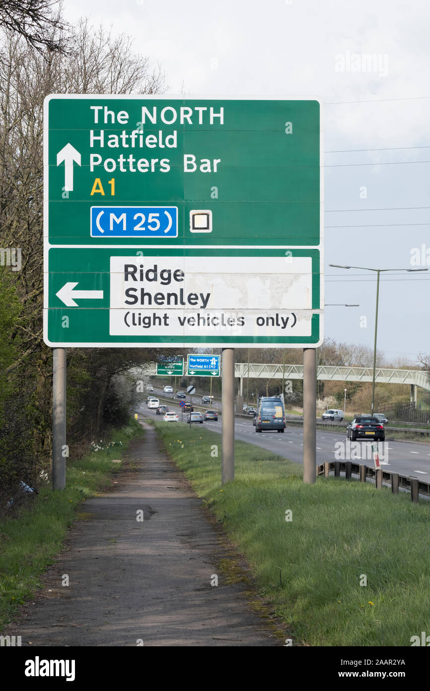 Road sign on the A1 towards the M25 pointing North towards Hatfield and ...