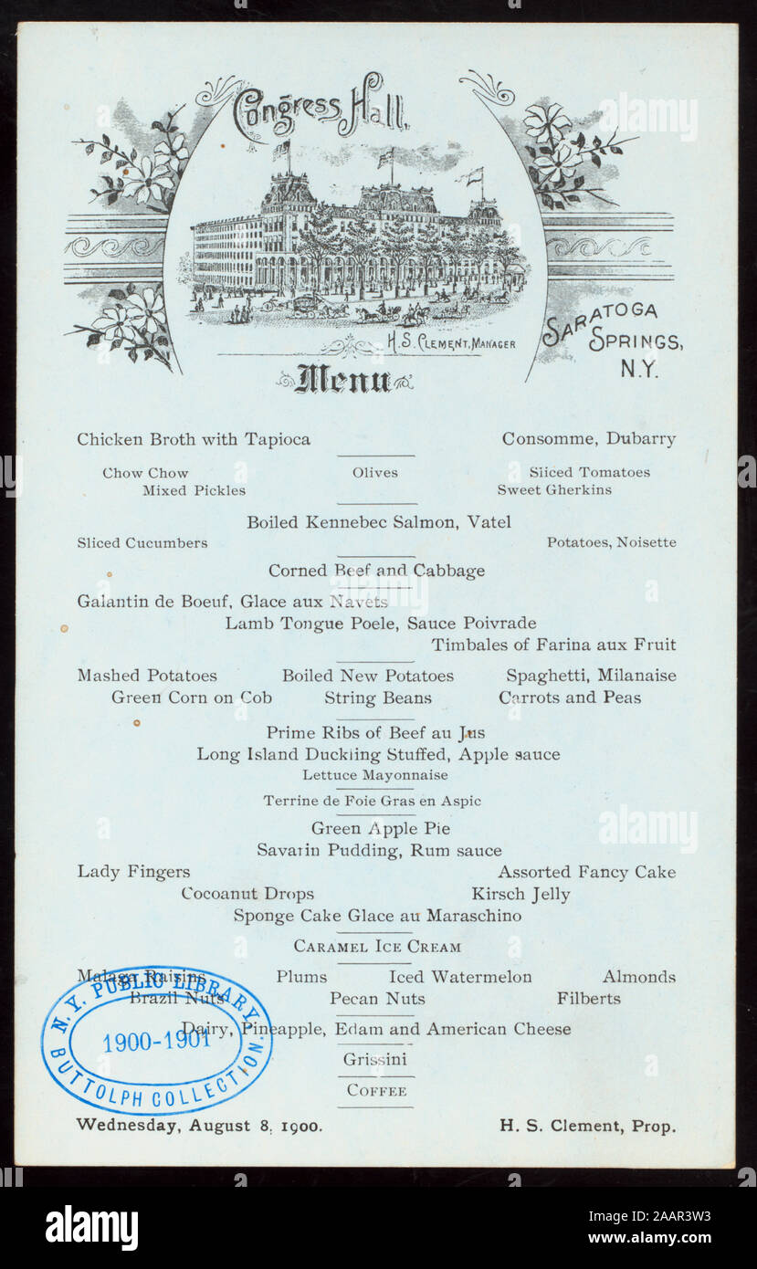 DINNER (held by) CONGRESS HALL (at) SARATOGA SPRINGS, NY (HOTEL;) TABLE ...