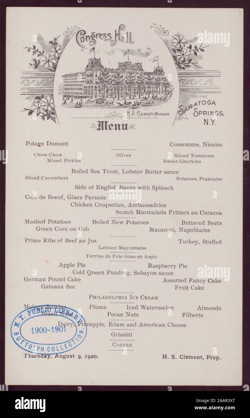 DINNER (held by) CONGRESS HALL (at) SARATOGA SPRINGS, NY (HOTEL;) TABLE ...