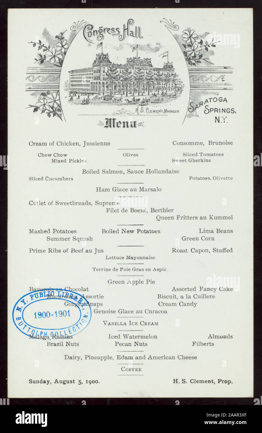 DINNER (held by) CONGRESS HALL (at) SARATOGA SPRINGS, NY (HOTEL;) TABLE ...