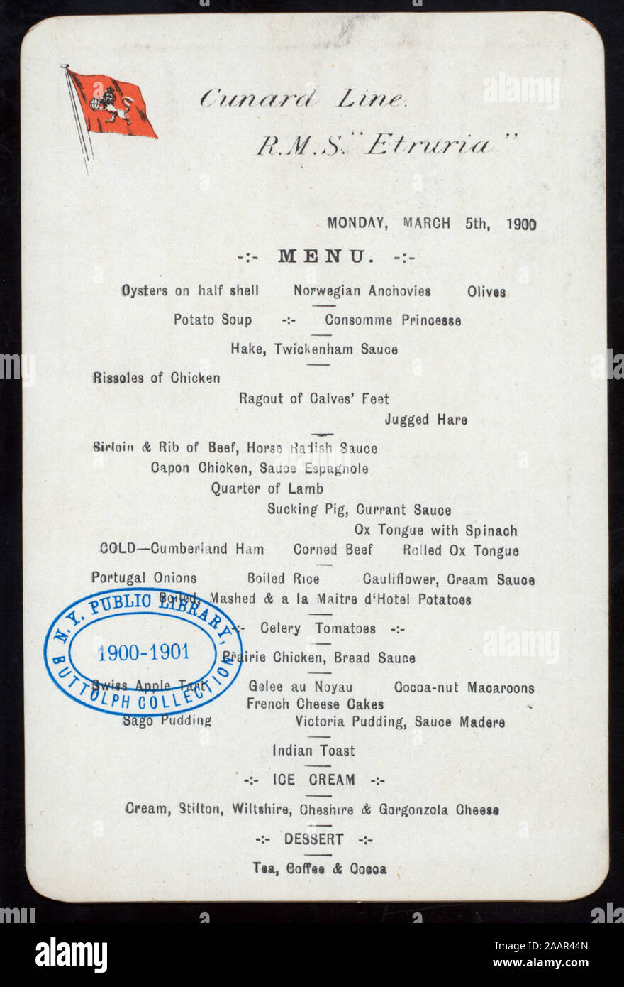 DINNER (held by) CUNARD LINE (at) EN ROUTE ABOARD RMS ETRURIA (SS ...