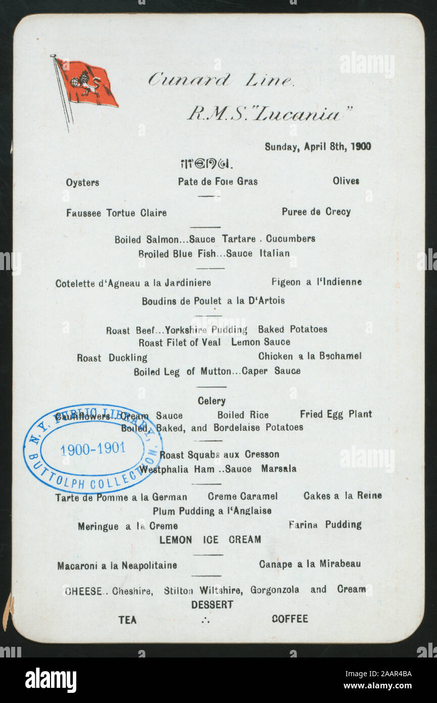 DINNER (held by) CUNARD LINE (at) RMS LUCANIA (SS;) STEAMSHIP LINE LOGO ...