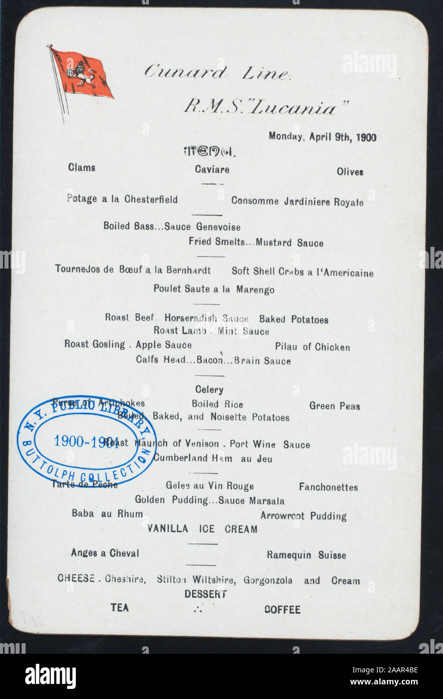 DINNER (held by) CUNARD LINE (at) RMS LUCANIA (SS;) STEAMSHIP LOGO AT ...