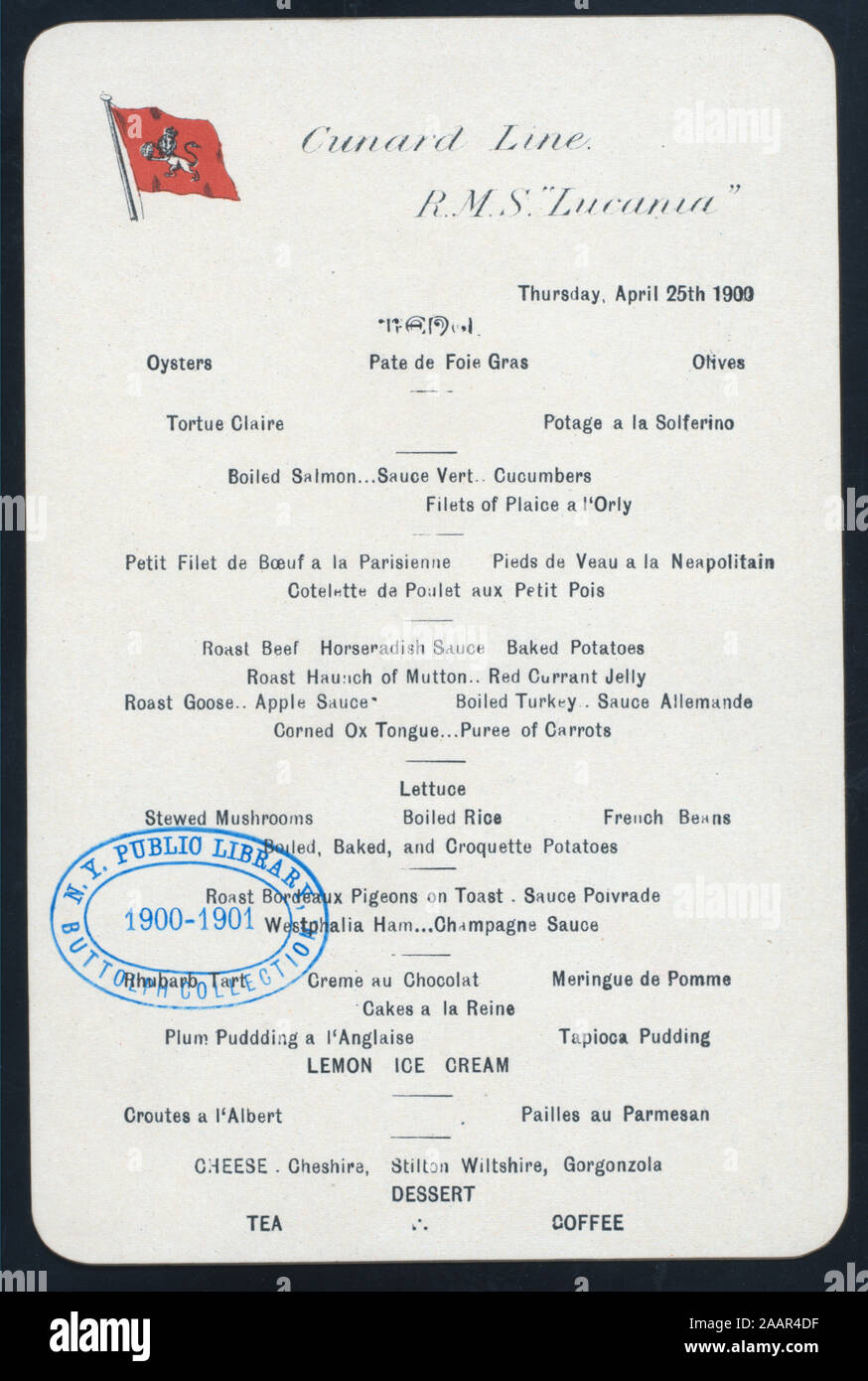 DINNER (held by) CUNARD LINE (at) RMS LUNCANIA (SS;) STEAMSHIP FLAG AT ...