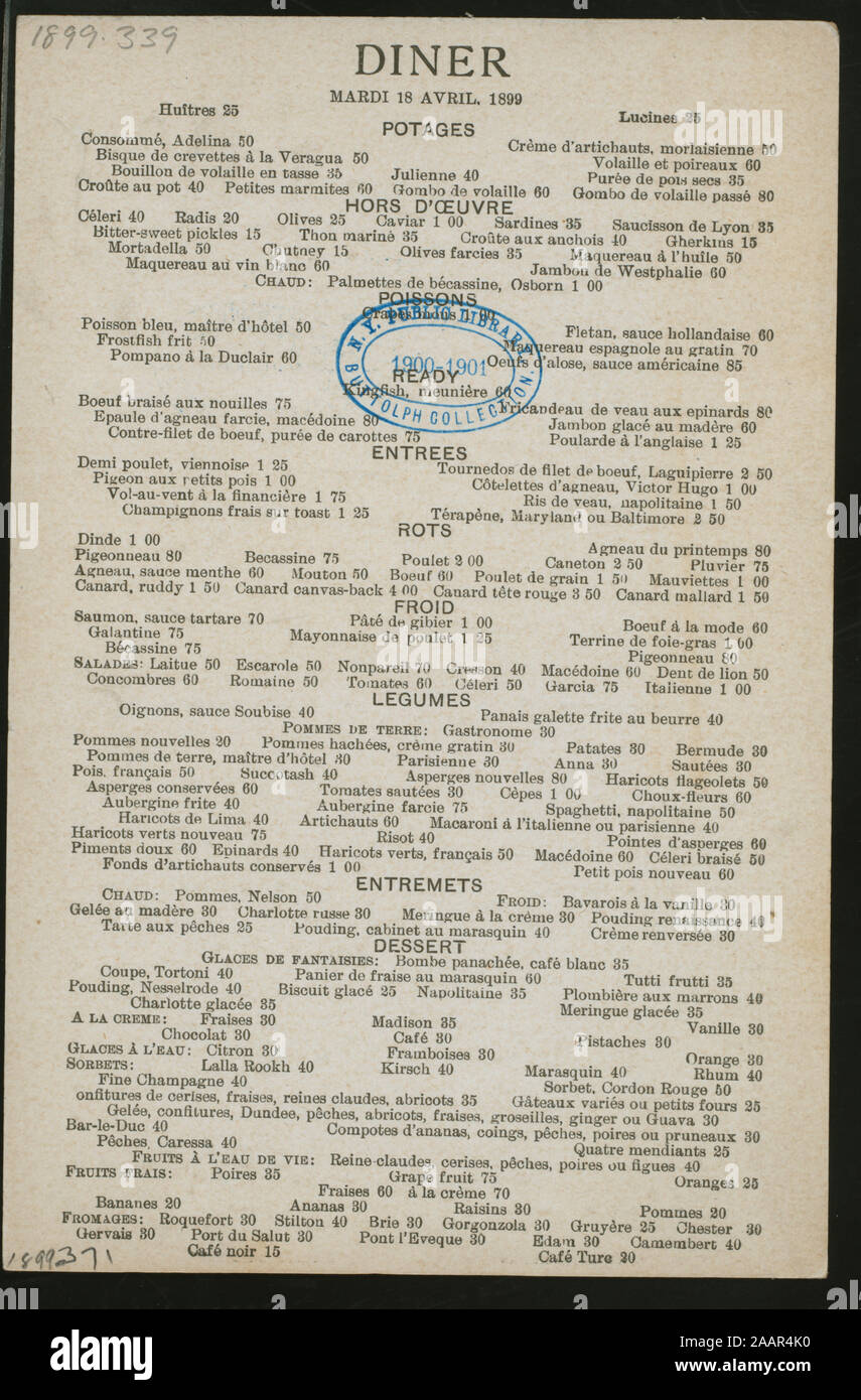 DINNER (held by) DELMONICO'S (at) BEAVER ST NY (REST;) PRICED MENU ...