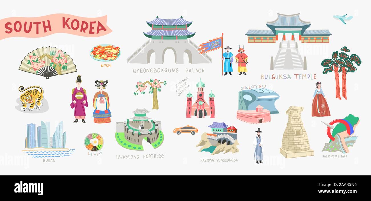 set of doodle flat vector illustration of south korea signs and symbols ...