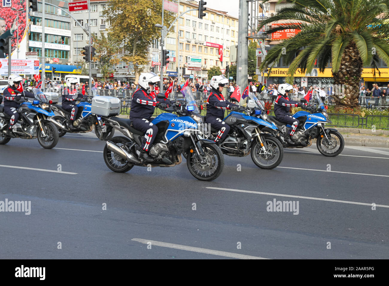 ISTANBUL, TURKEY - OCTOBER 29, 2019: Mobilized gendarme forces pass ...