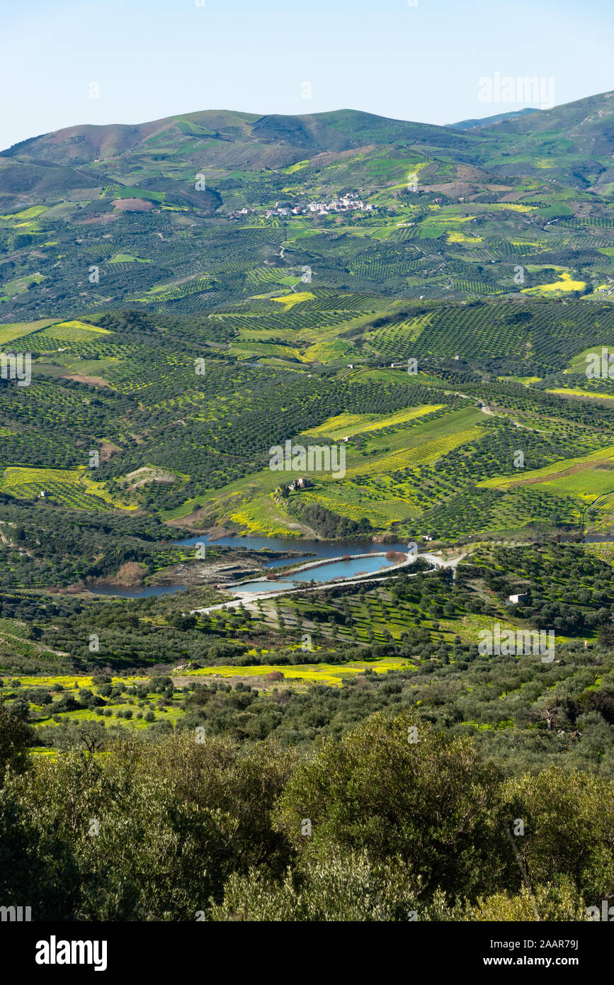 Unique panoramic aerial view of Archanes rural region landscape. Green ...