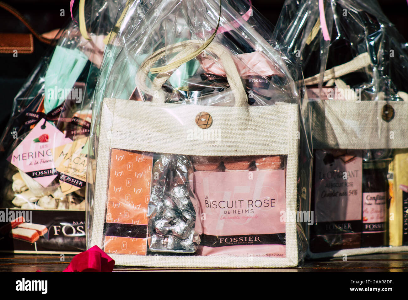 Reims France November 22, 2019 Closeup of pink biscuits Fossier sold at ...