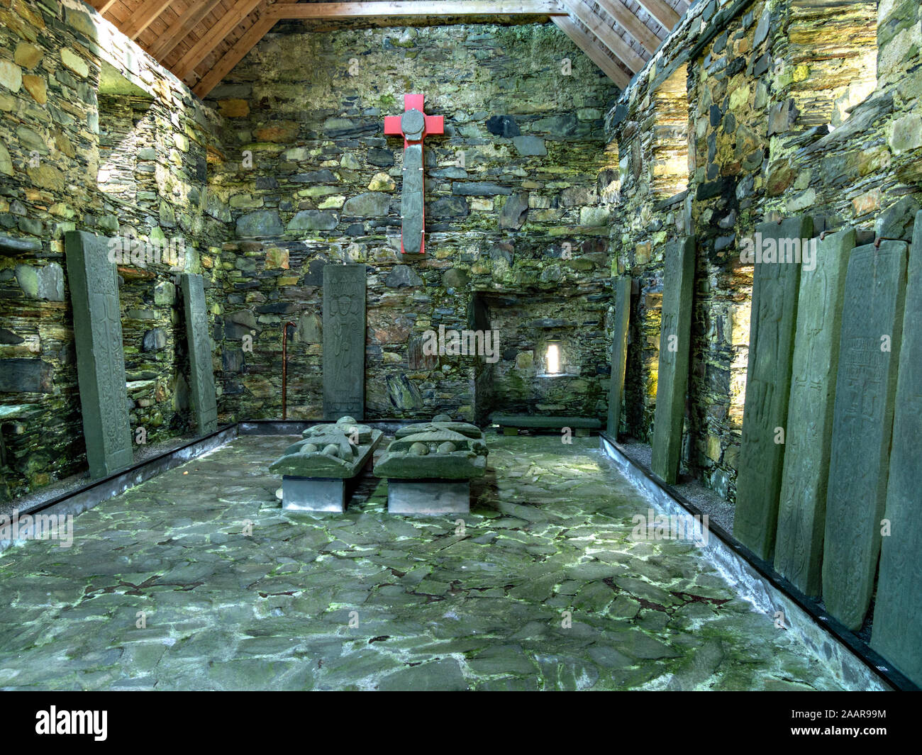 A display of ancient carved headstones inside the Prior's House ...