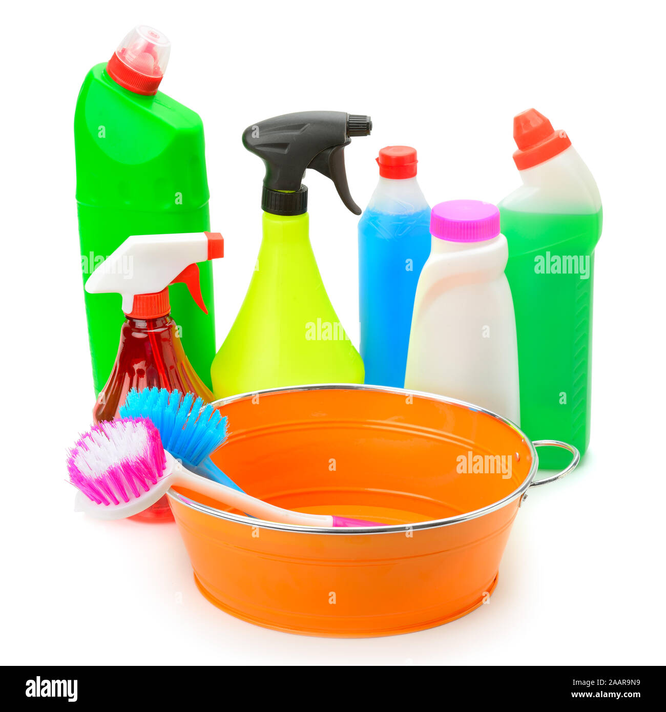 set of household chemicals, hand basin and brushes for cleaning ...
