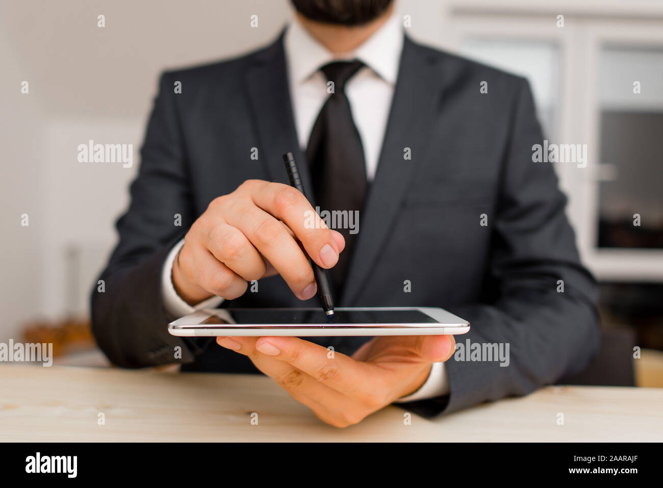 Male human wear formal clothes present presentation use hi tech ...