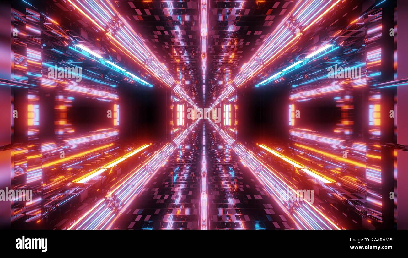 futuristic sci-fi space tunnel corridor with reflective bricks texture and endless lights 3d ...