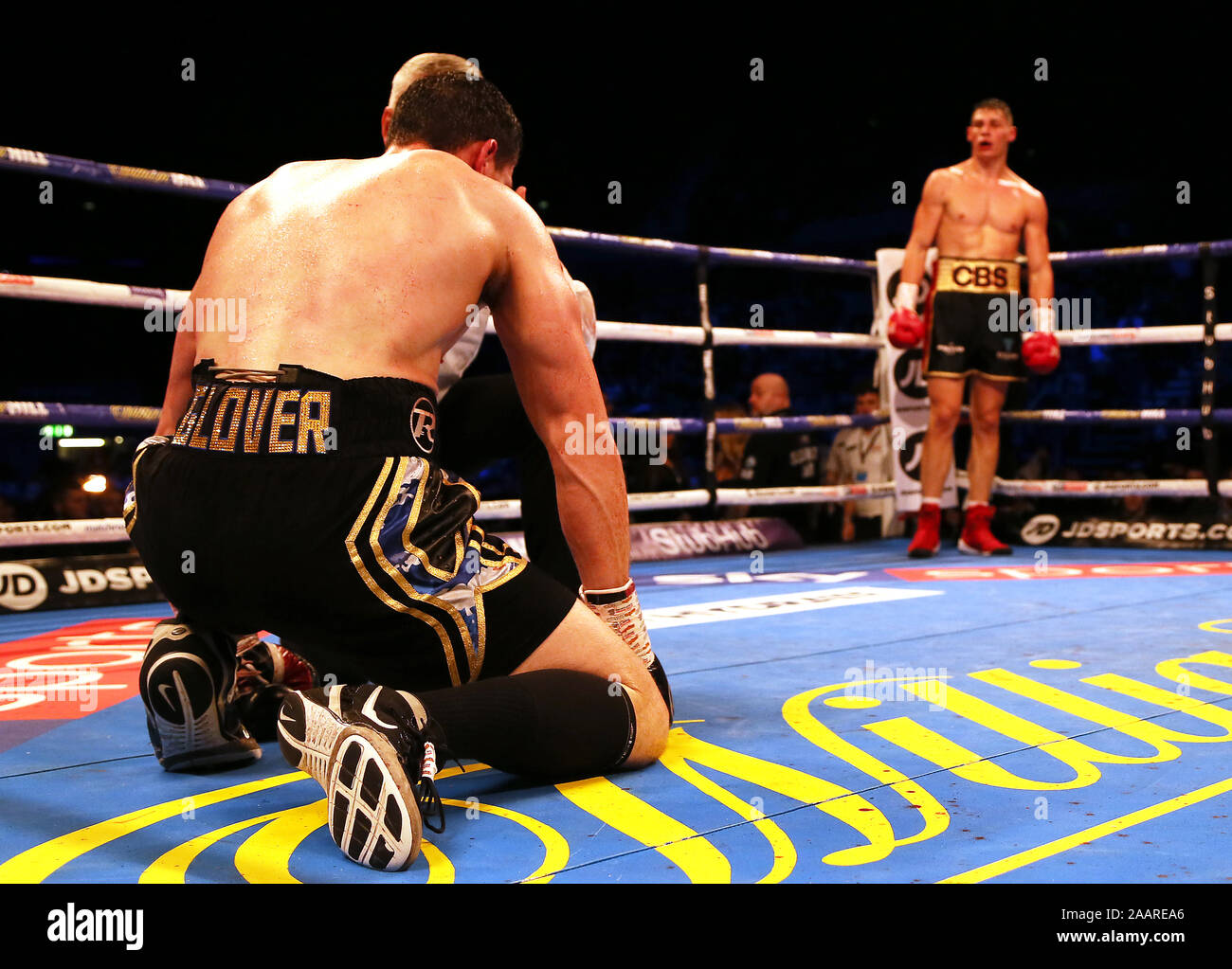 Referee Mark Lyson (hidden) starts the count on Craig Glover during the ...