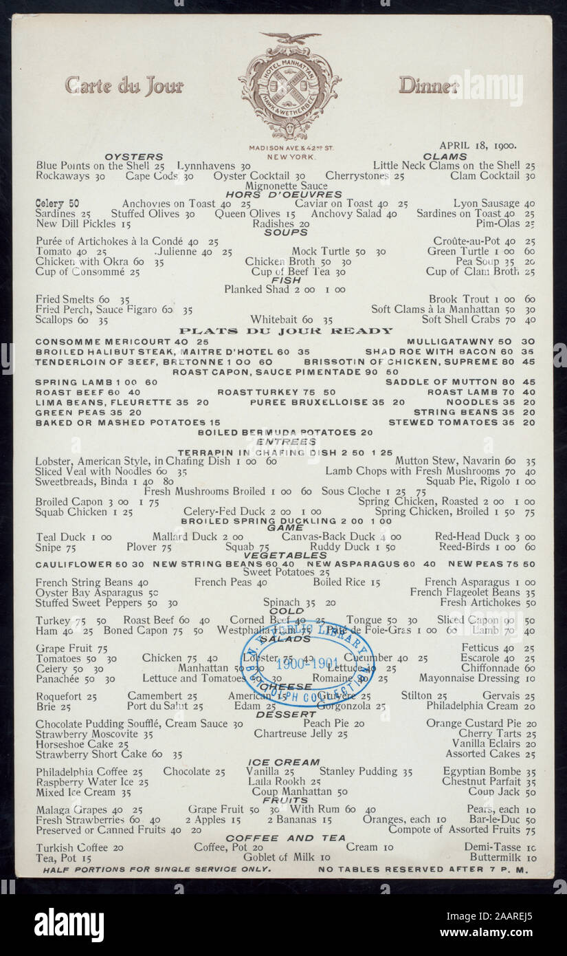 DINNER (held by) MANHATTAN HOTEL (at) NEW YORK, NY (HOTEL;) A LA CARTE ...