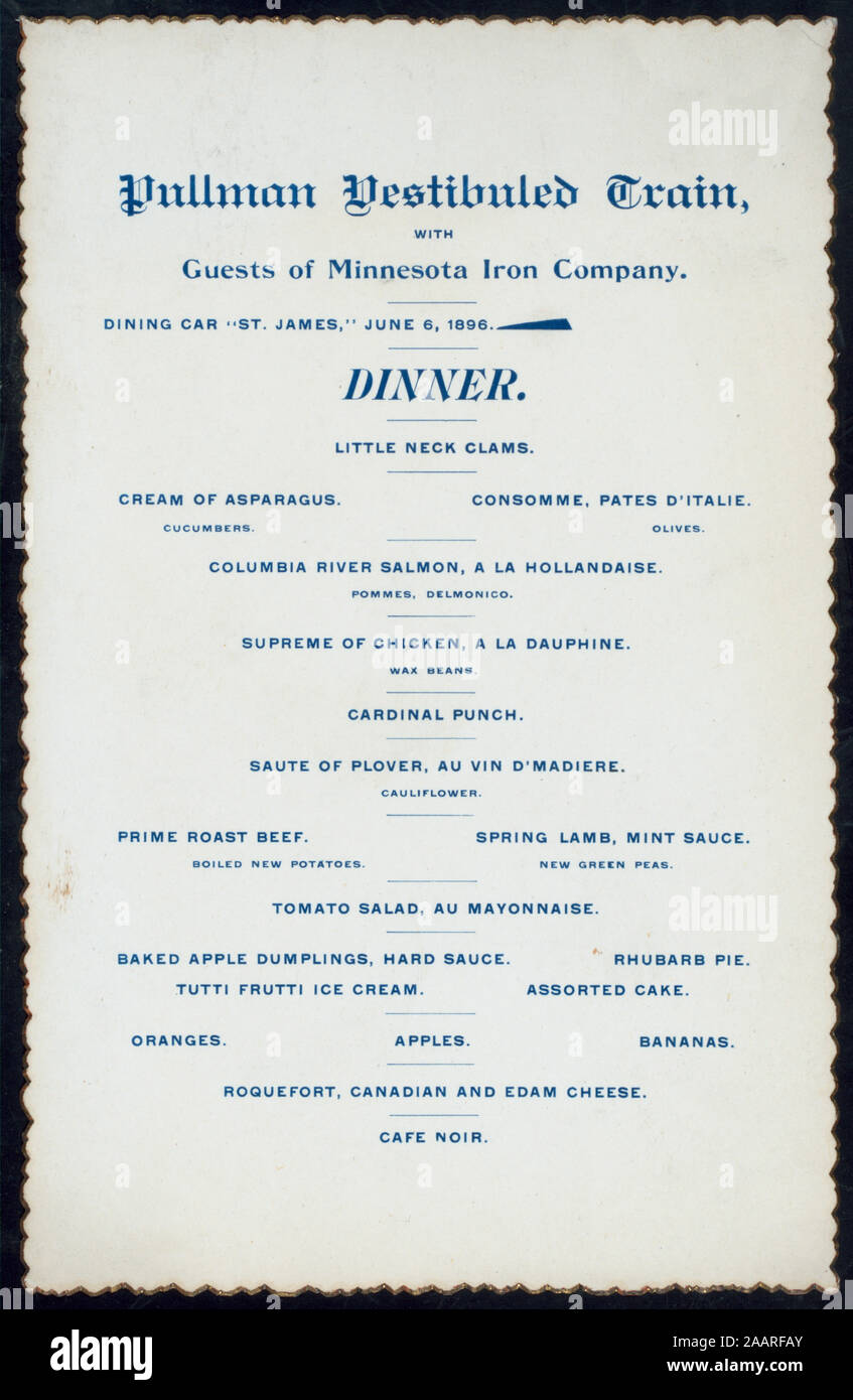 DINNER (held by) MINNESOTA IRON COMPANY (at) PULLMAN VESTIBULED TRAIN ...