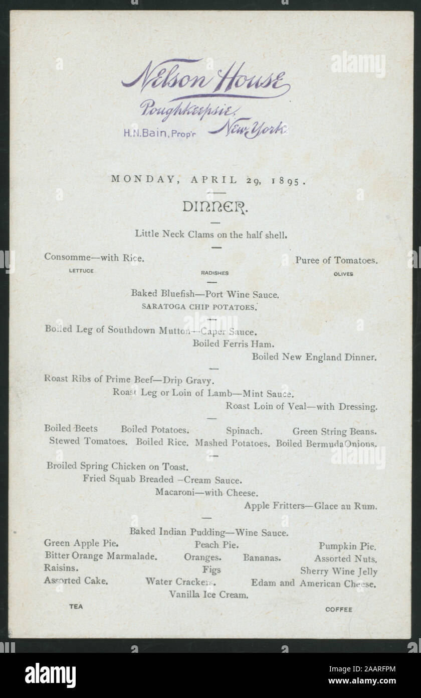 DINNER (held by) NELSON HOUSE (at) POUGHKEEPSIE, NY ((HOTEL)) DINNER ...