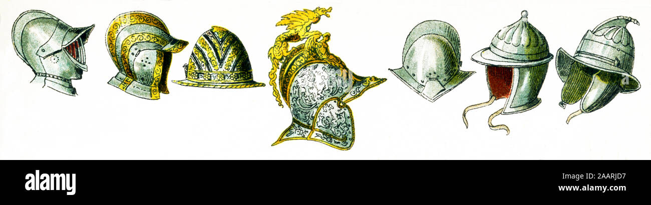 Shown here are seven European helmets from approximately the year 1500 ...
