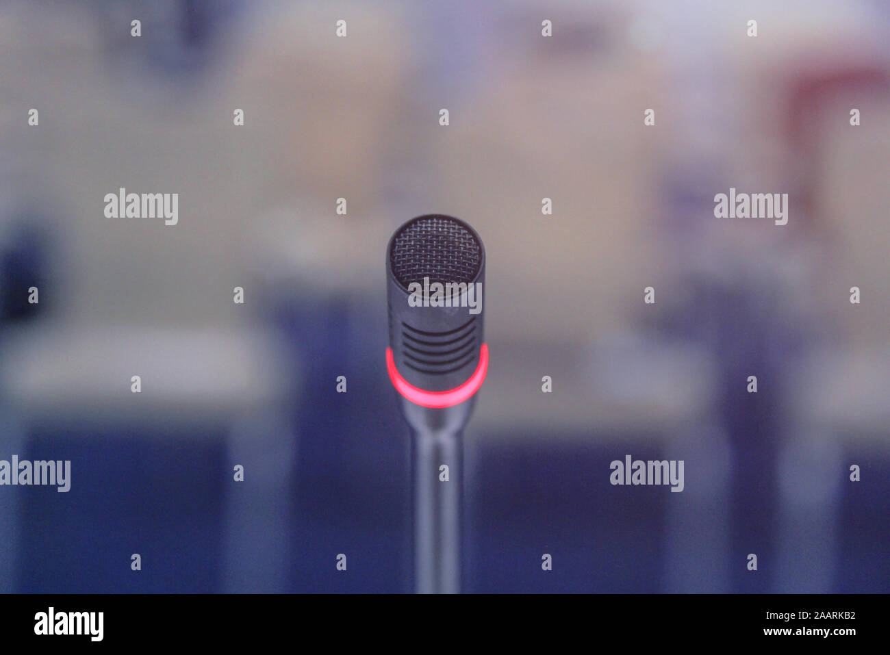 Front view of the microphones during business conference in conference ...