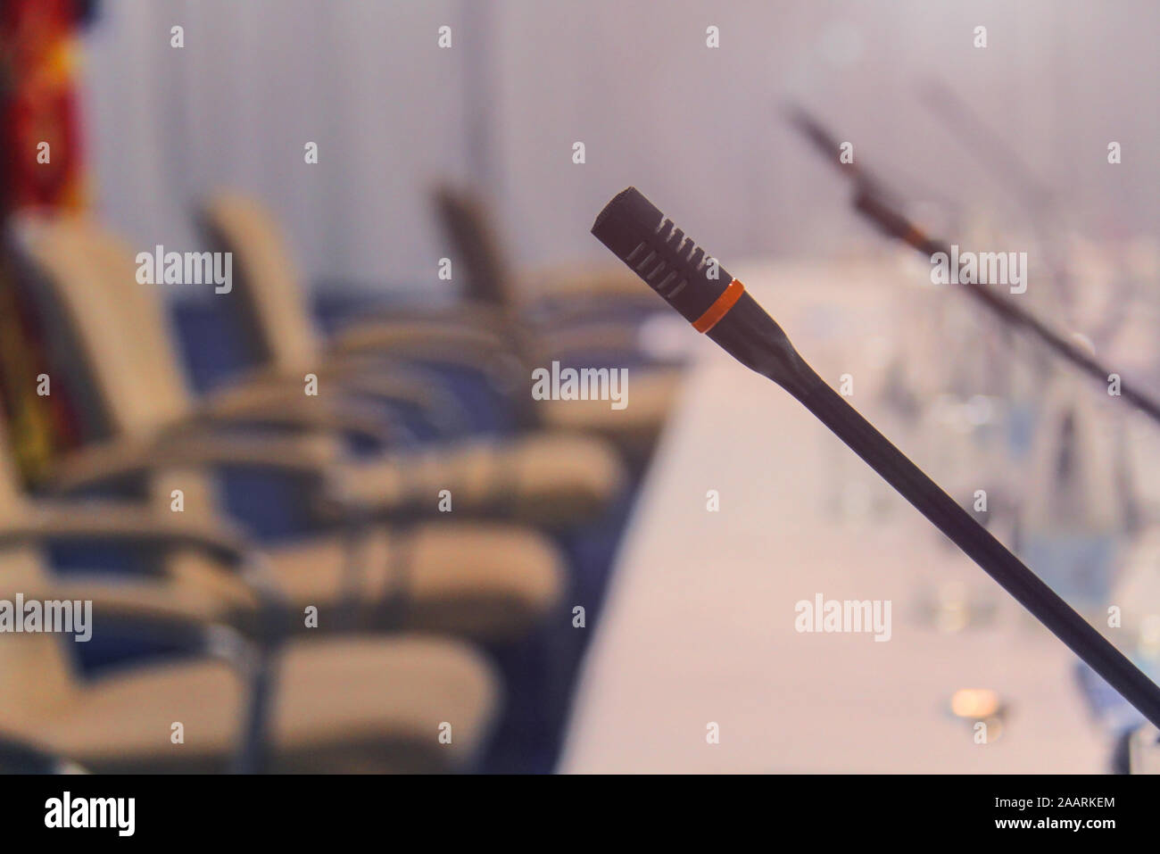 Front view of the microphones during business conference in conference ...