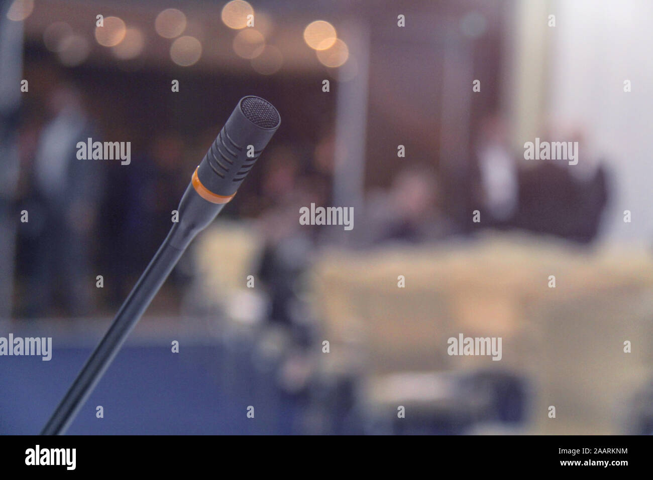 Front view of the microphones during business conference in conference ...