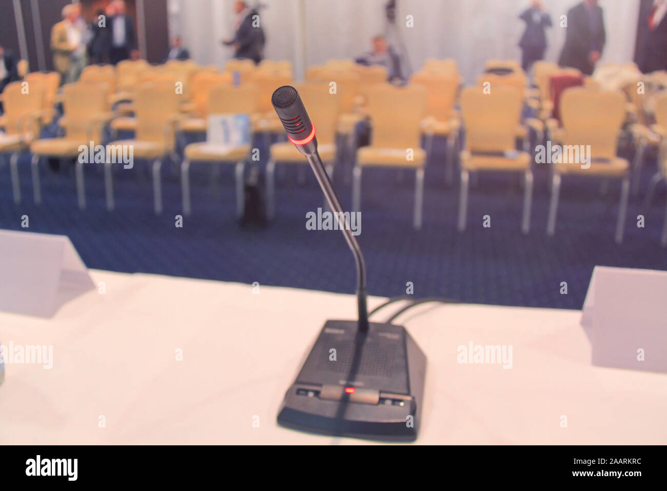 Front view of the microphones during business conference in conference ...