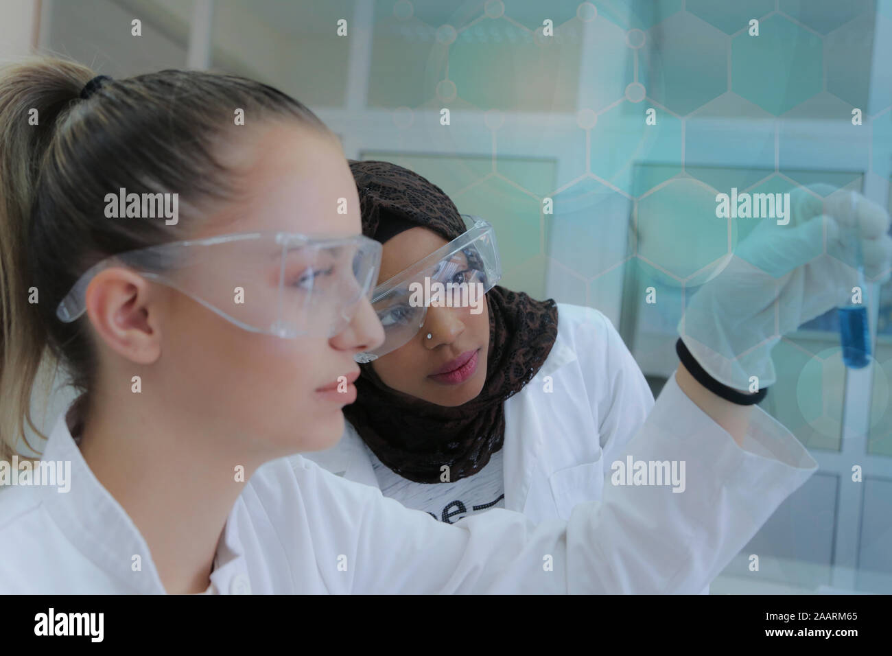 Two multiethnic young female scientists doing experiments in laboratory ...