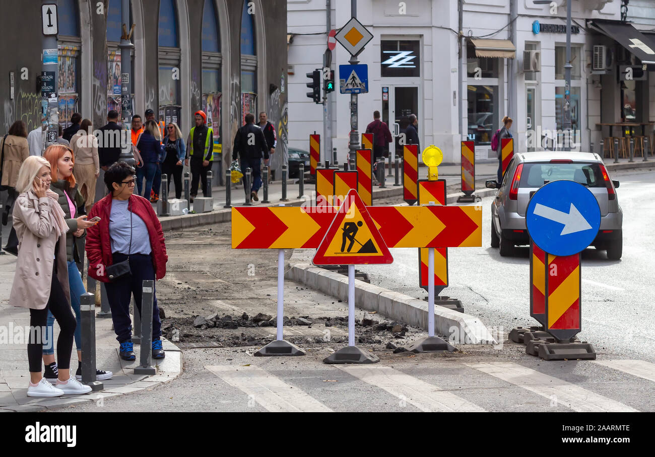 Bucharest, Romania - November 07, 2019: A new bicycle track is build on ...