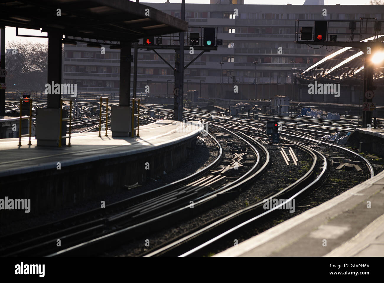 Railway track leading into Waterloo Station with empty track and ...