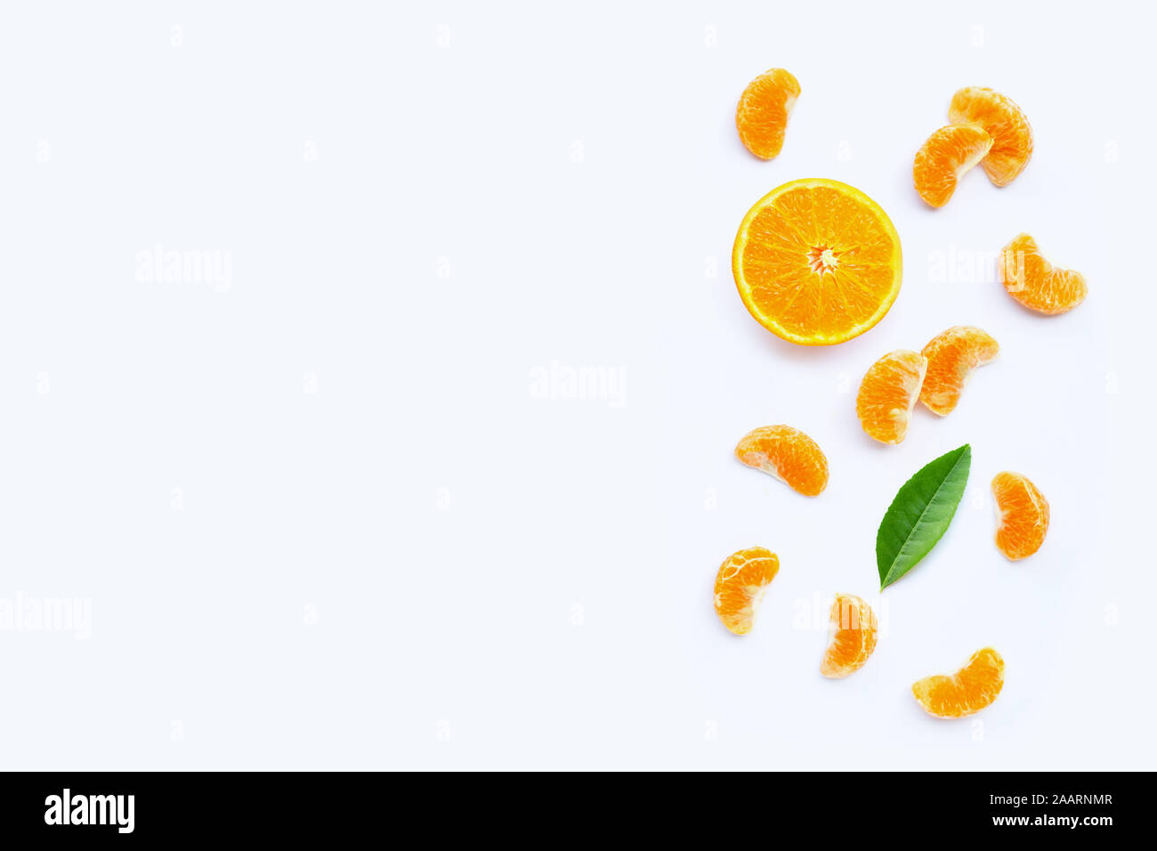 Mandarin segments, Fresh orange isolated on white background. Top view ...