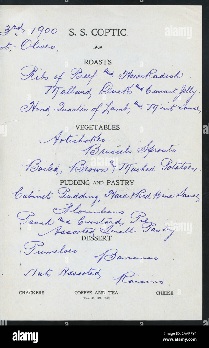 DINNER (held by) OCCIDENTAL & ORIENTAL STEAMSHIP COMPANY (at) SS COPTIC ...