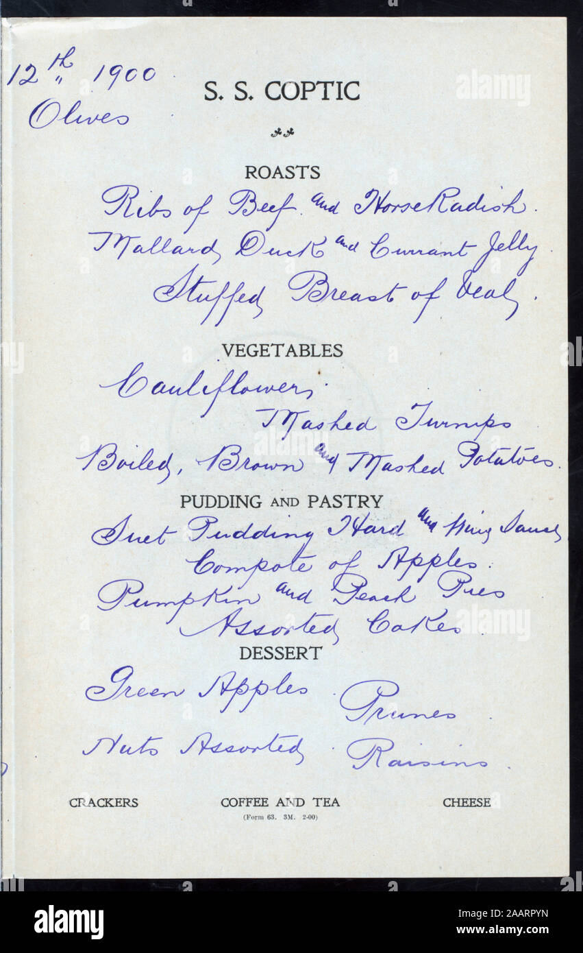 DINNER (held by) OCCIDENTAL & ORIENTAL STEAMSHIP COMPANY (at) SS COPTIC ...