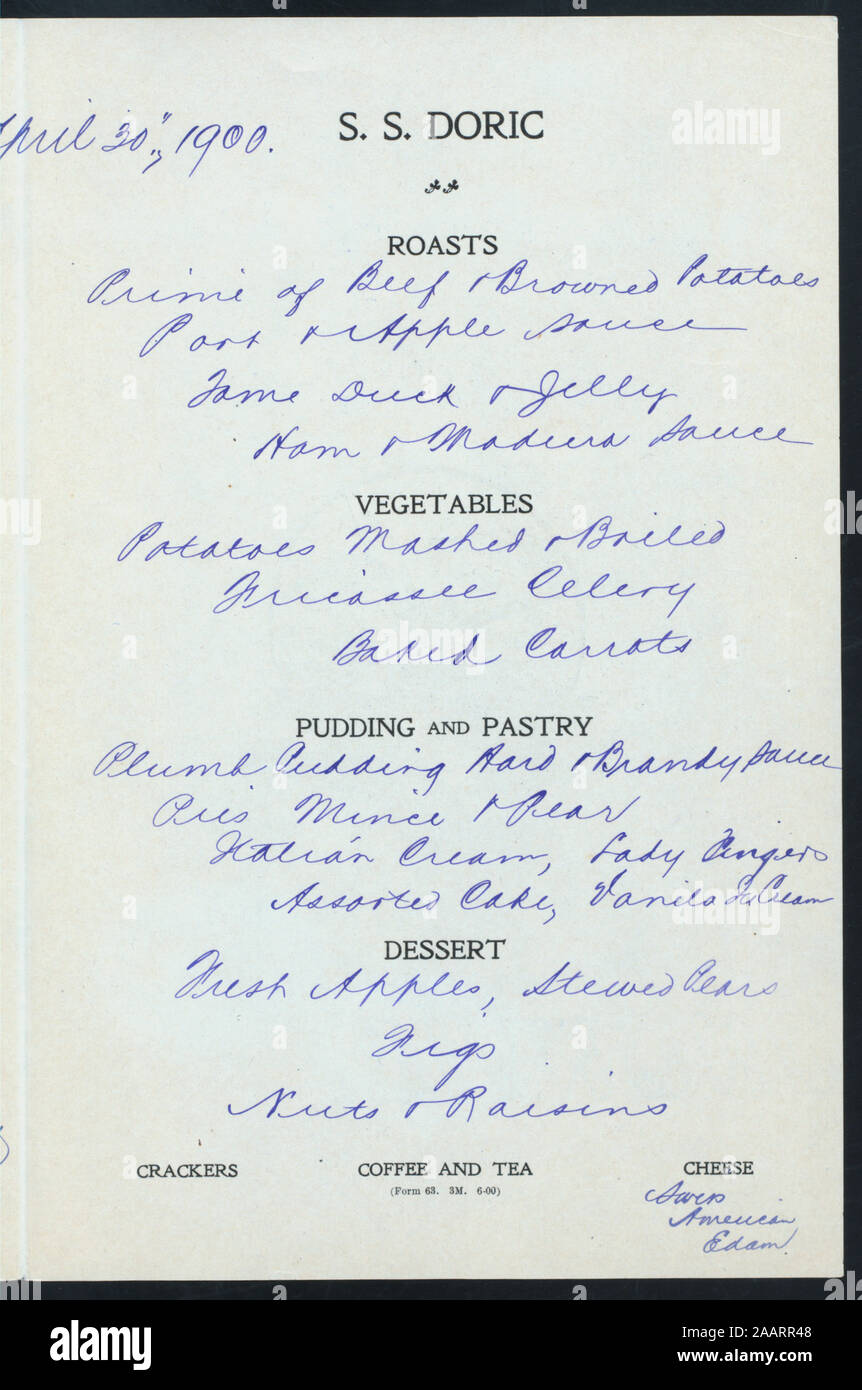 DINNER (held by) OCCIDENTAL & ORIENTAL STEAMSHIP COMPANY (at) SS DORIC ...