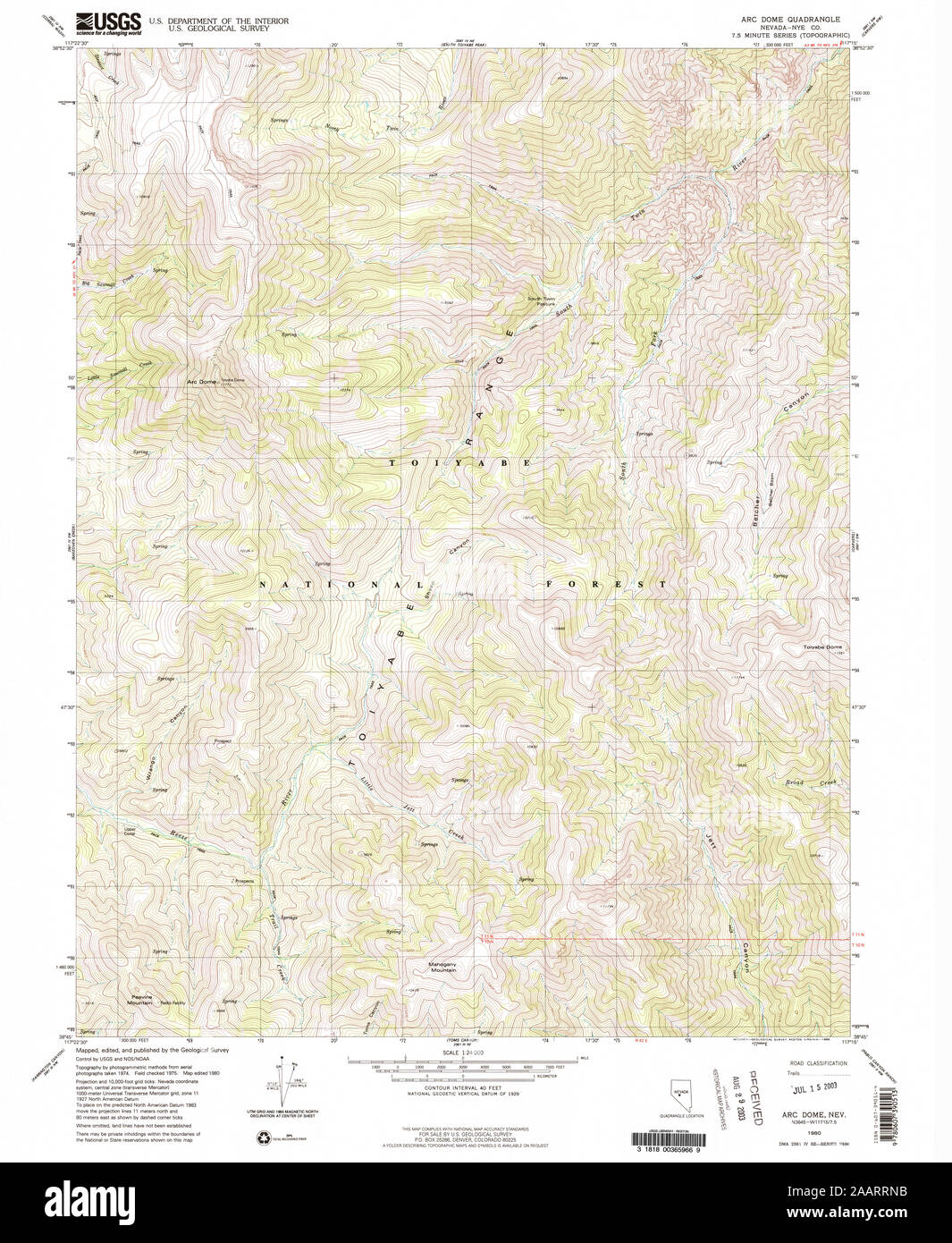 USGS TOPO Map Nevada NV Arc Dome 318003 1980 24000 Restoration Stock ...