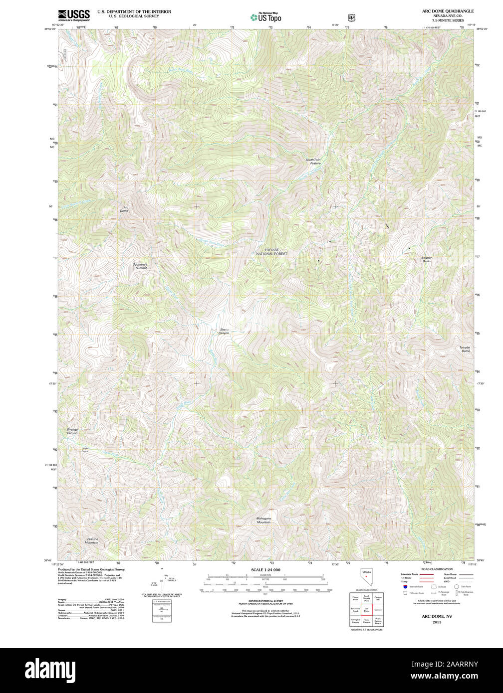 USGS TOPO Map Nevada NV Arc Dome 20111222 TM Restoration Stock Photo ...