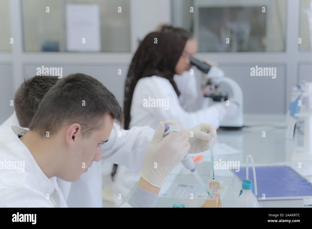 Group of multiethnic Laboratory scientists working at lab with test ...