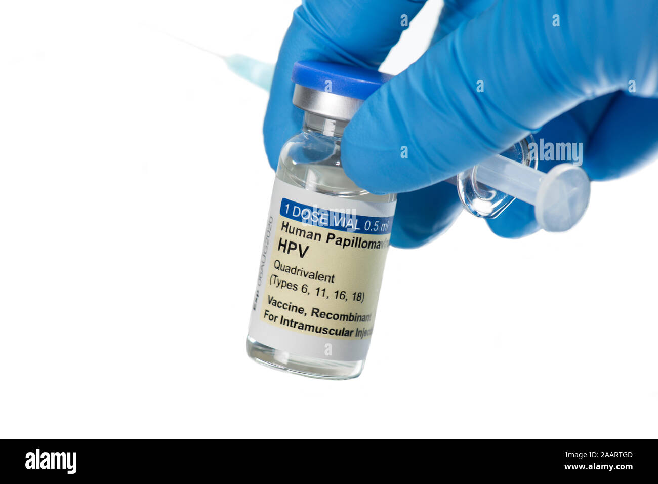 Gloved hand holding Human Papilloma Virus vaccine HPV with syringe ...